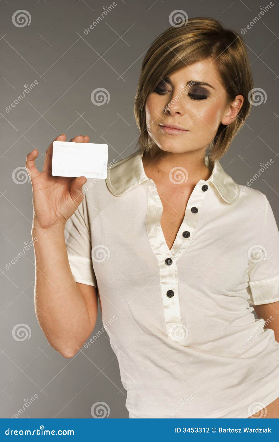 Woman with card stock photo. Image of card, blonde, front - 3453312