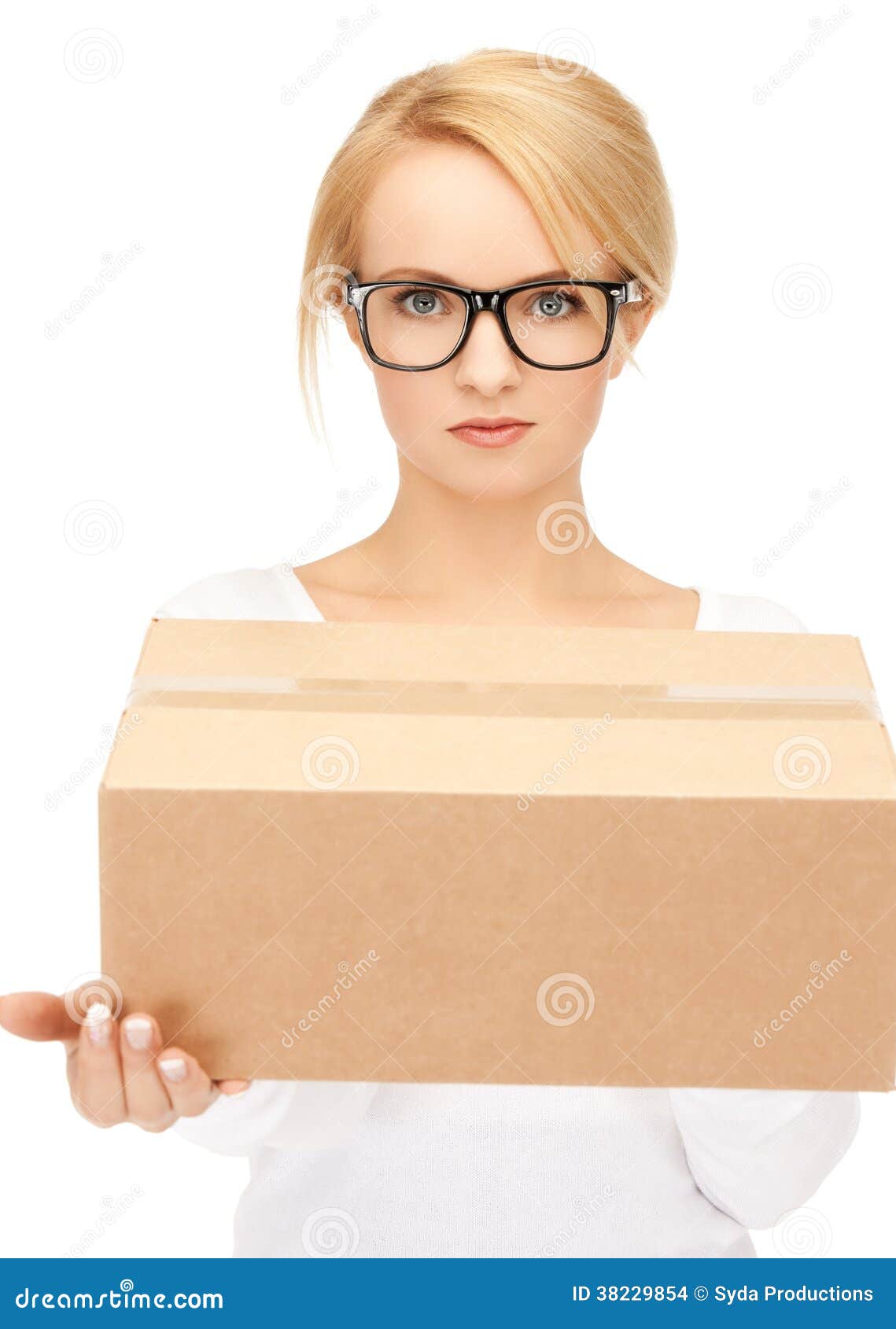 Woman with cardboard box stock photo. Image of packaging - 38229854