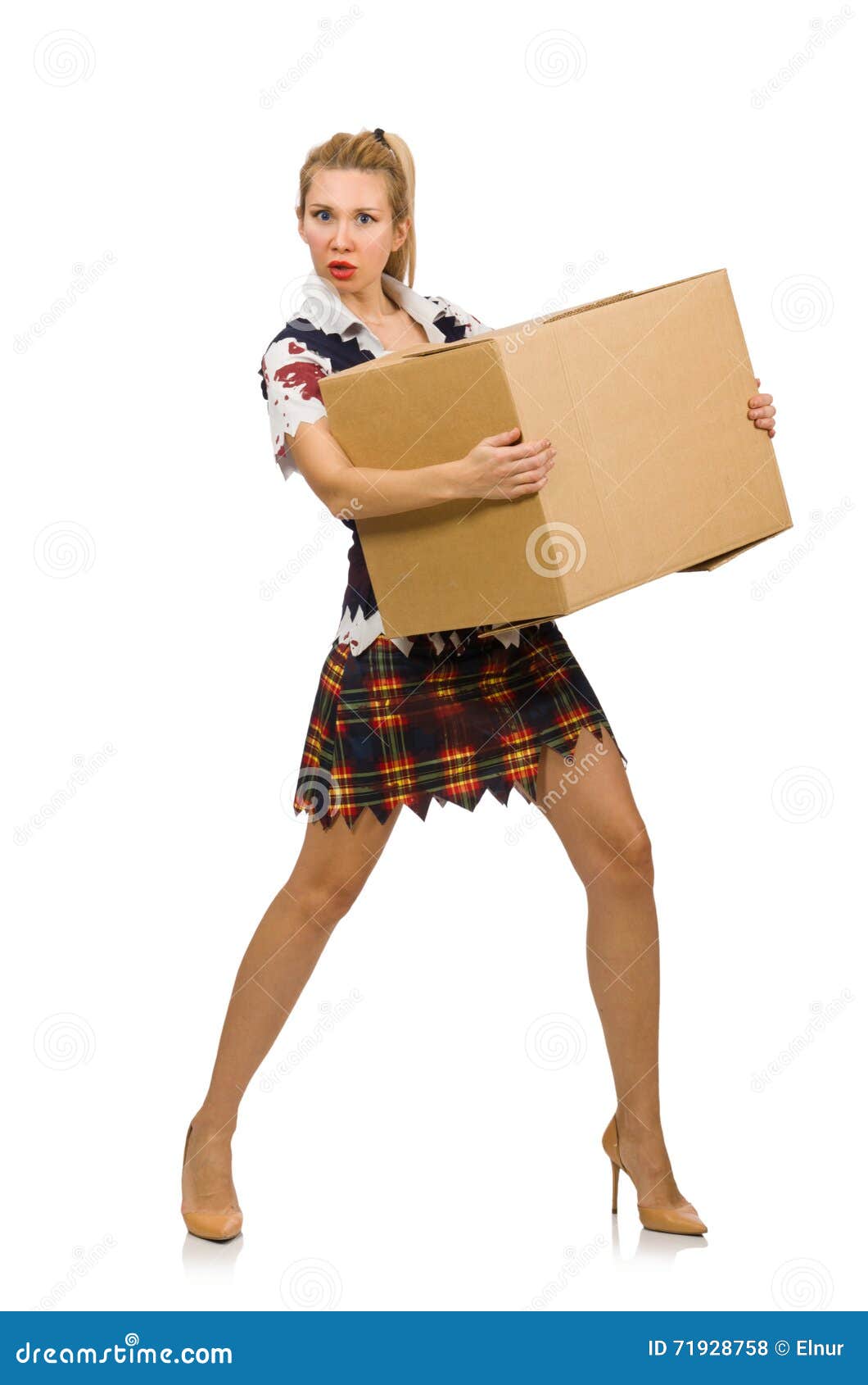 The Woman with Cardboard Box Isolated on White Stock Photo - Image of ...