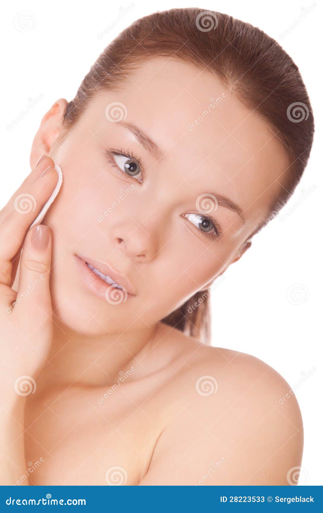 Woman Cares for Face Touching Cotton Pad Stock Image - Image of ...