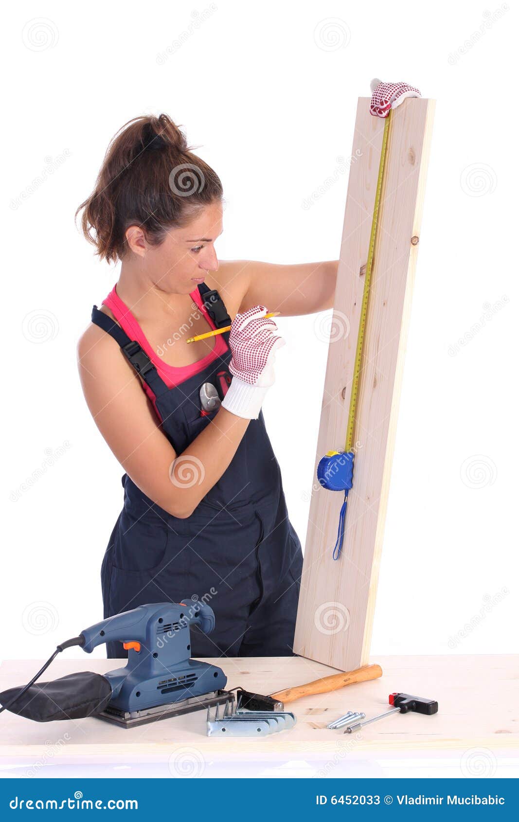Woman Carpenter with Wooden Plank Stock Image - Image of material ...
