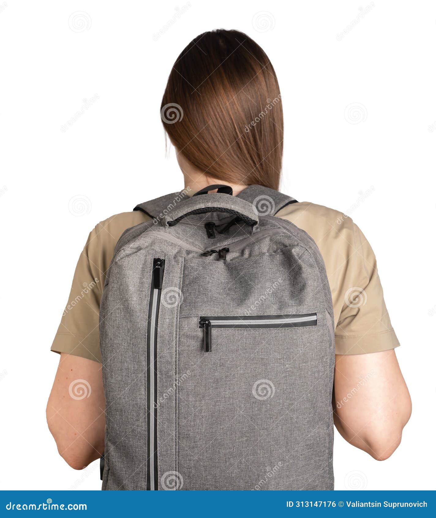 Woman Carrying Backpack, Back View, on White Stock Photo - Image of ...
