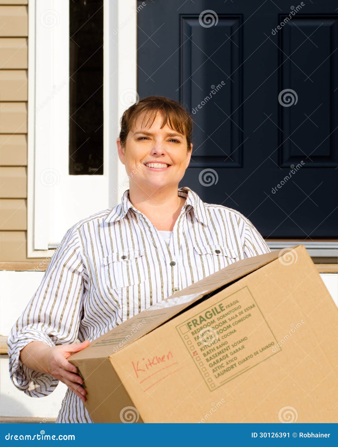 Woman Carrying Box on Moving Day Stock Image - Image of delighted ...
