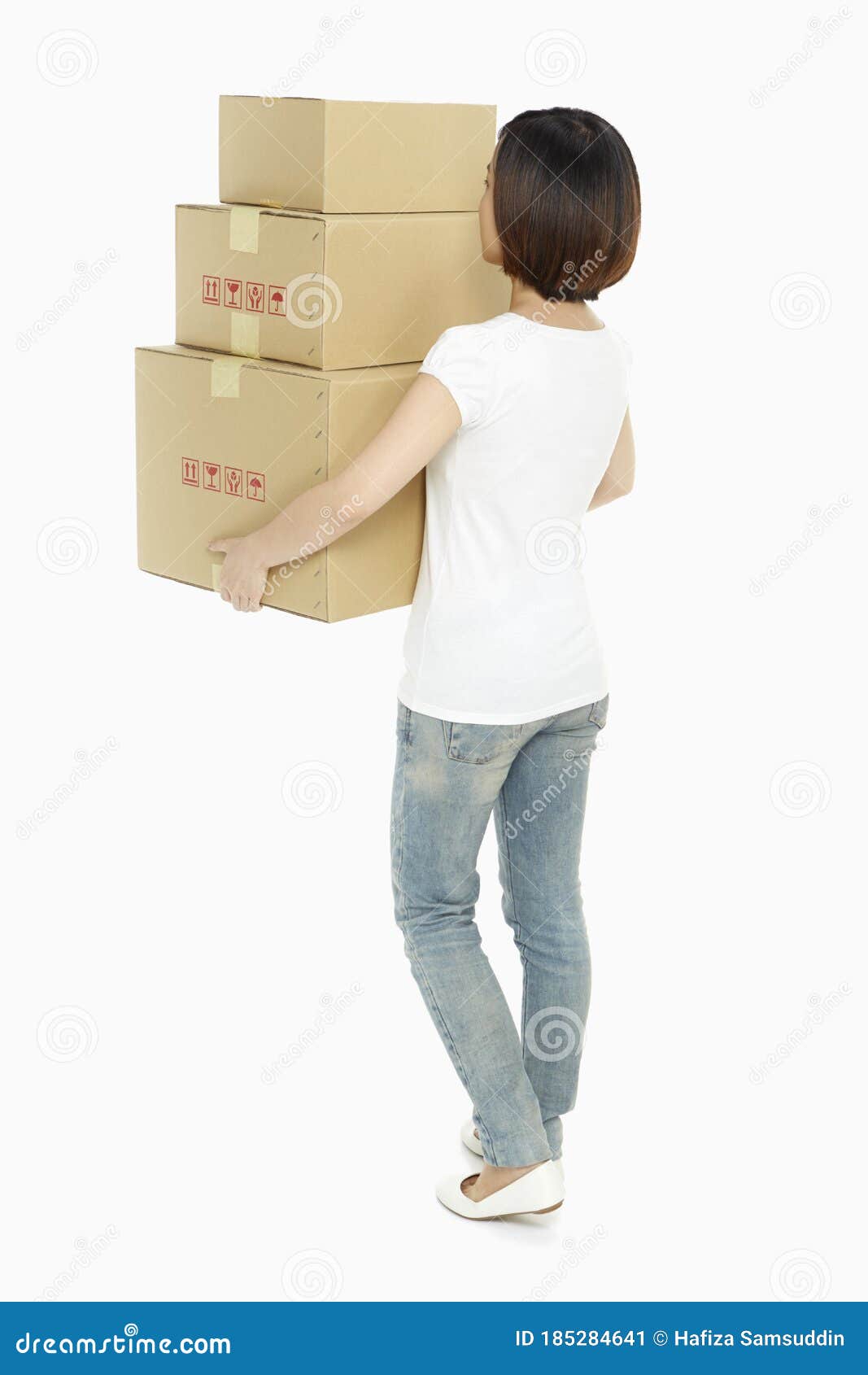 Woman Carrying a Stack of Cardboard Boxes Stock Image - Image of ...