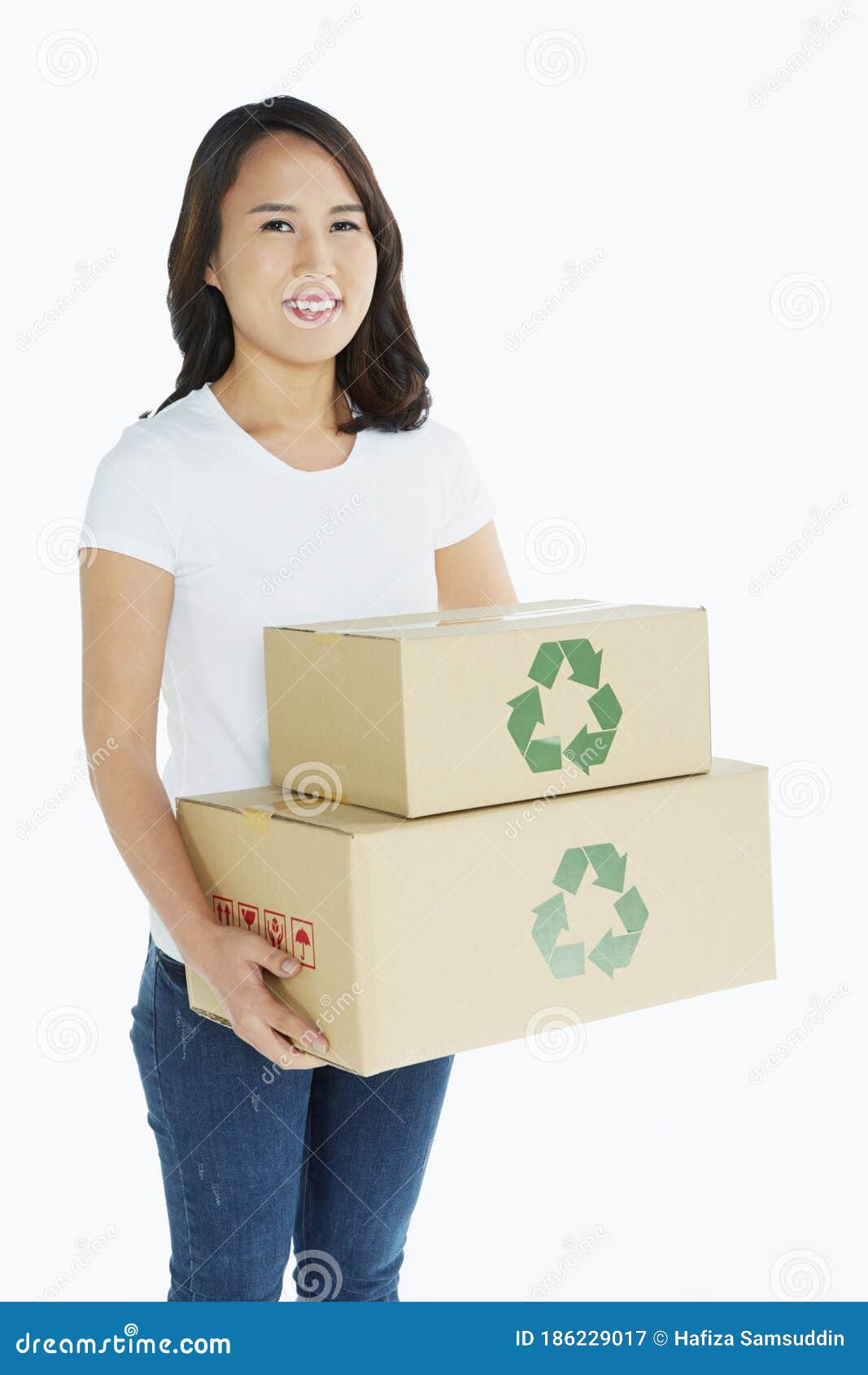 Woman Carrying a Stack of Cardboard Boxes Stock Image - Image of ...