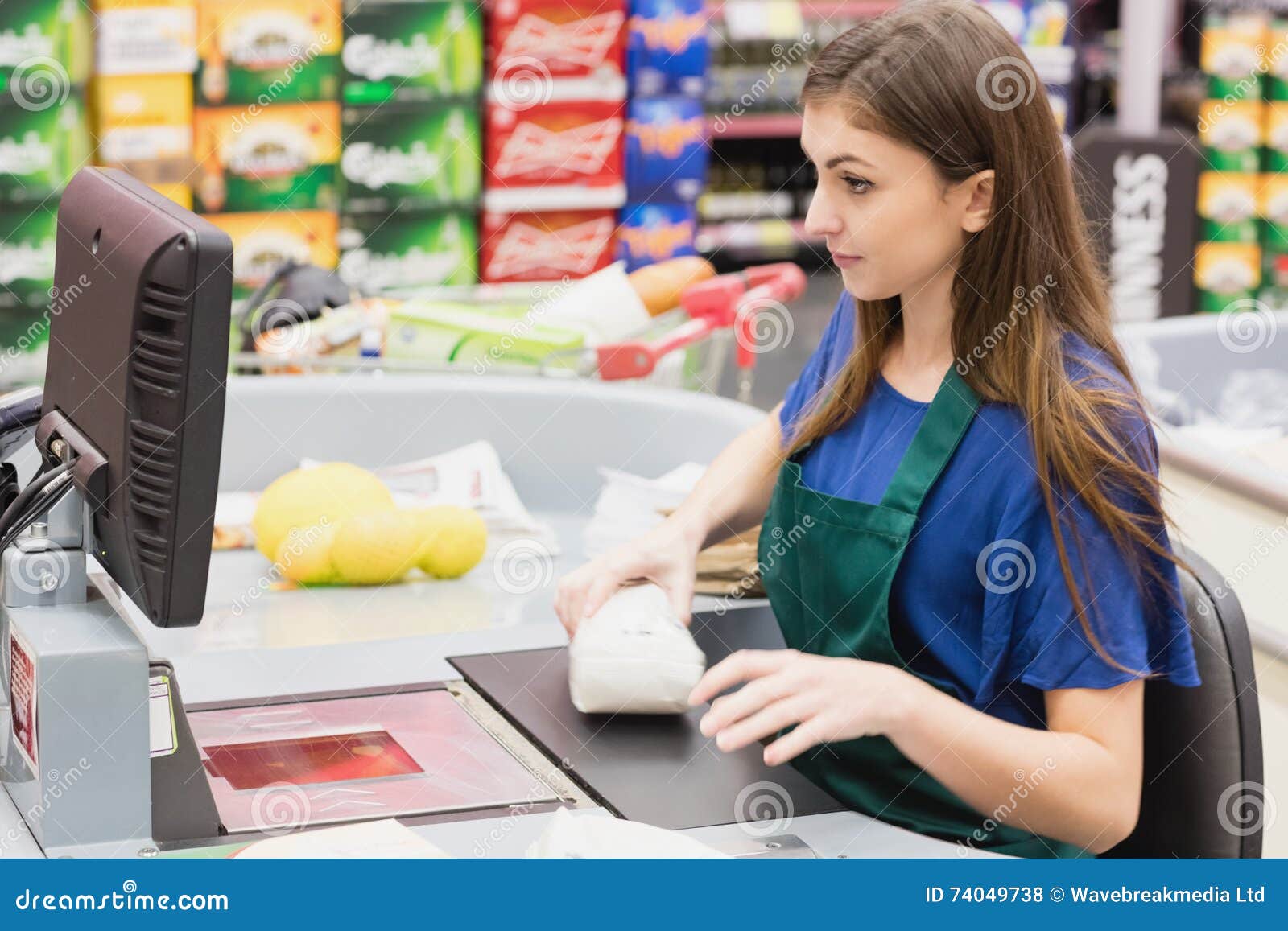 Woman Cashier Beeping an Item Stock Photo - Image of female, beer: 74049738