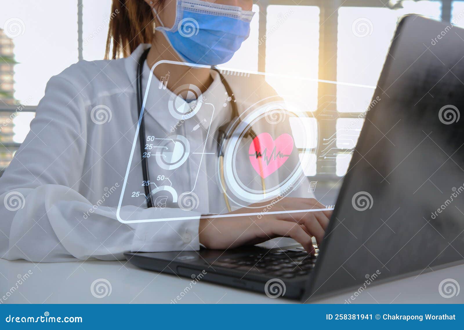Woman Caucasian Doctor Using Computer Check Patient Data Interface on ...