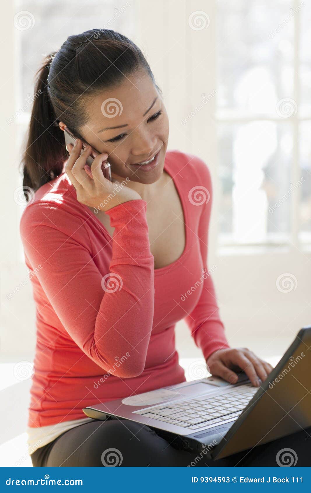 Woman on Cell Phone and Laptop Stock Image - Image of laptop, commerce ...