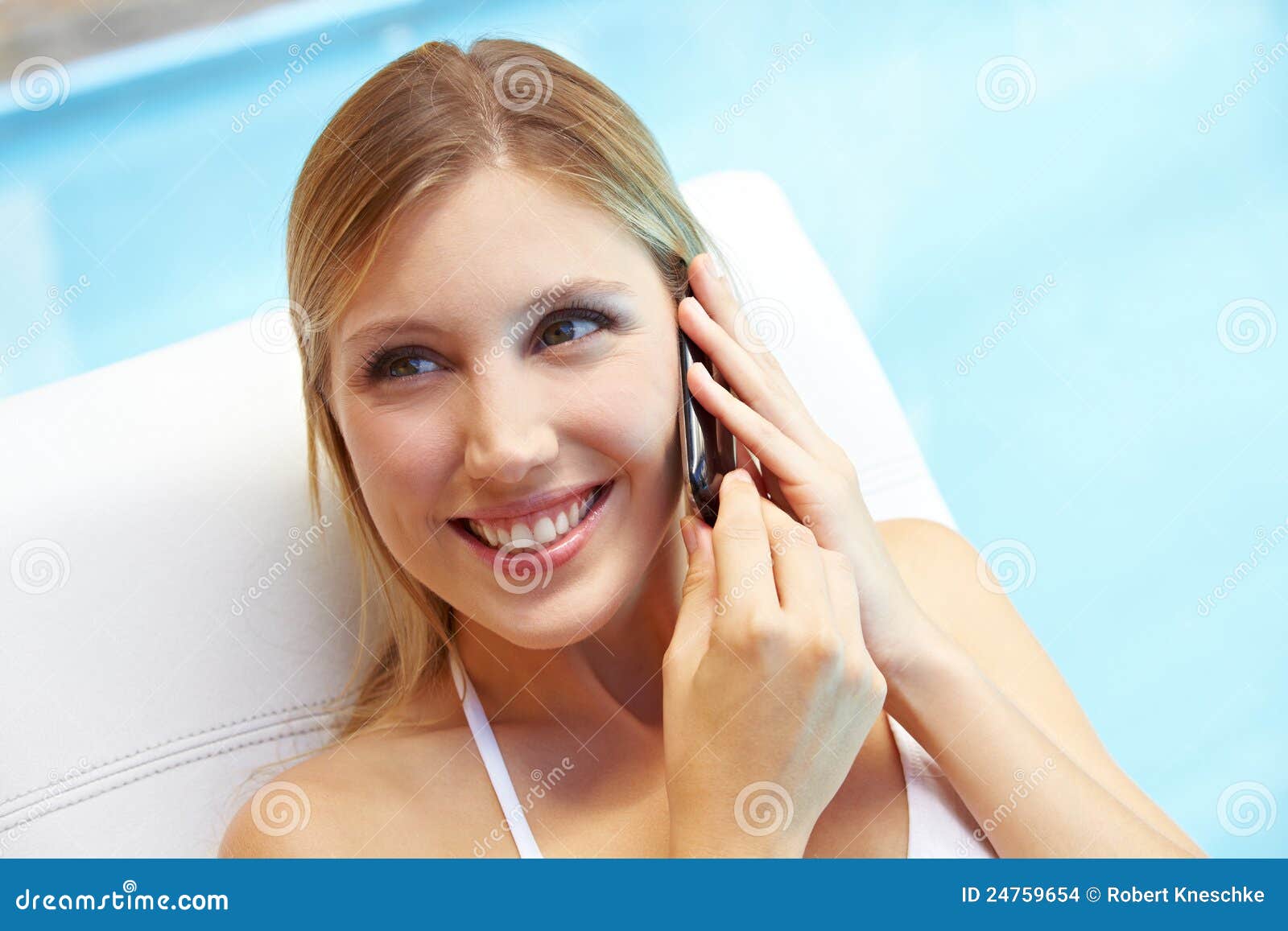 Woman with Cell Phone at Pool Stock Photo - Image of pool, relax: 24759654