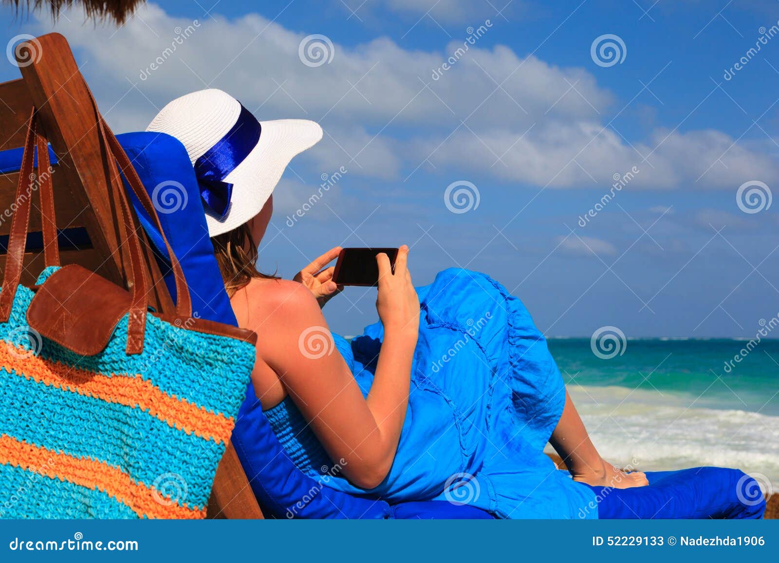 Woman with Cell Phone on Tropical Beach Stock Image - Image of outdoor ...