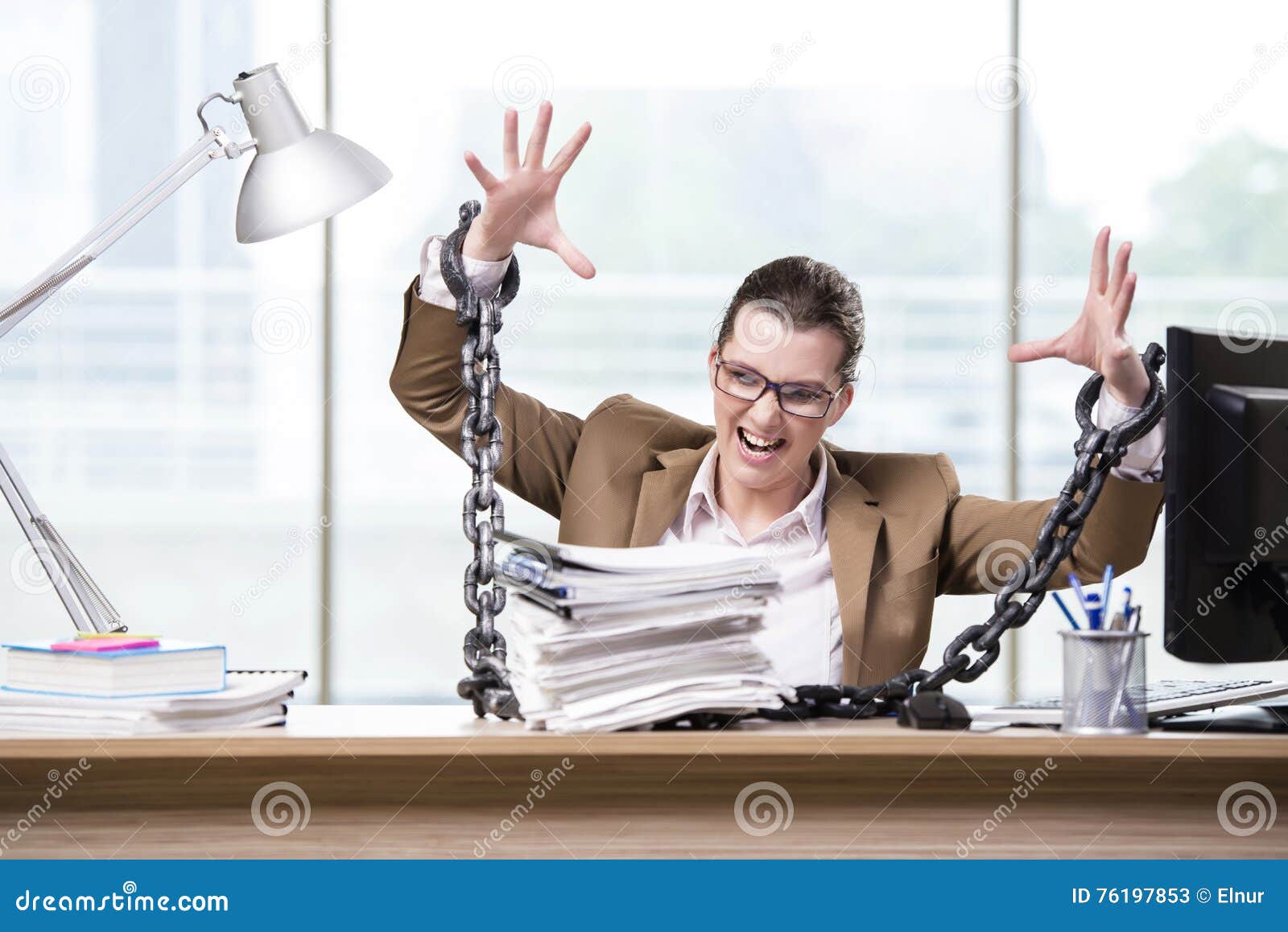 The Woman Chained To Her Working Desk Stock Image - Image of ...