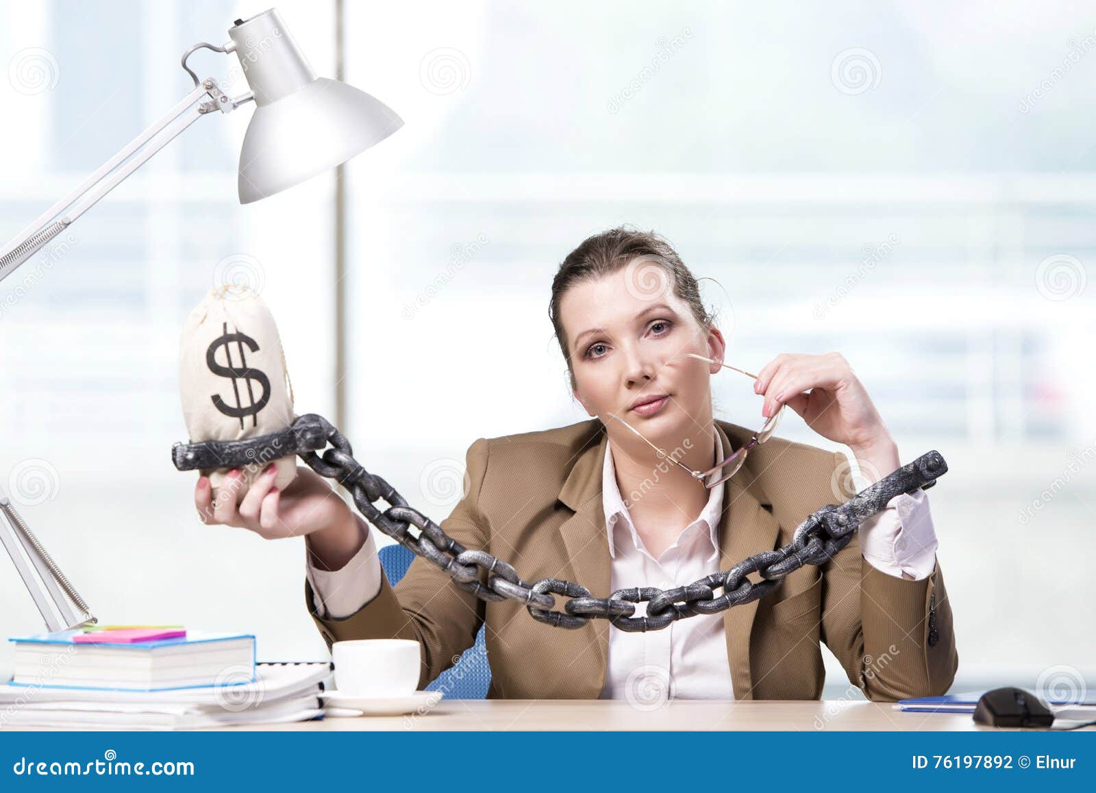 The Woman Chained To Her Working Desk Stock Photo - Image of deadline ...