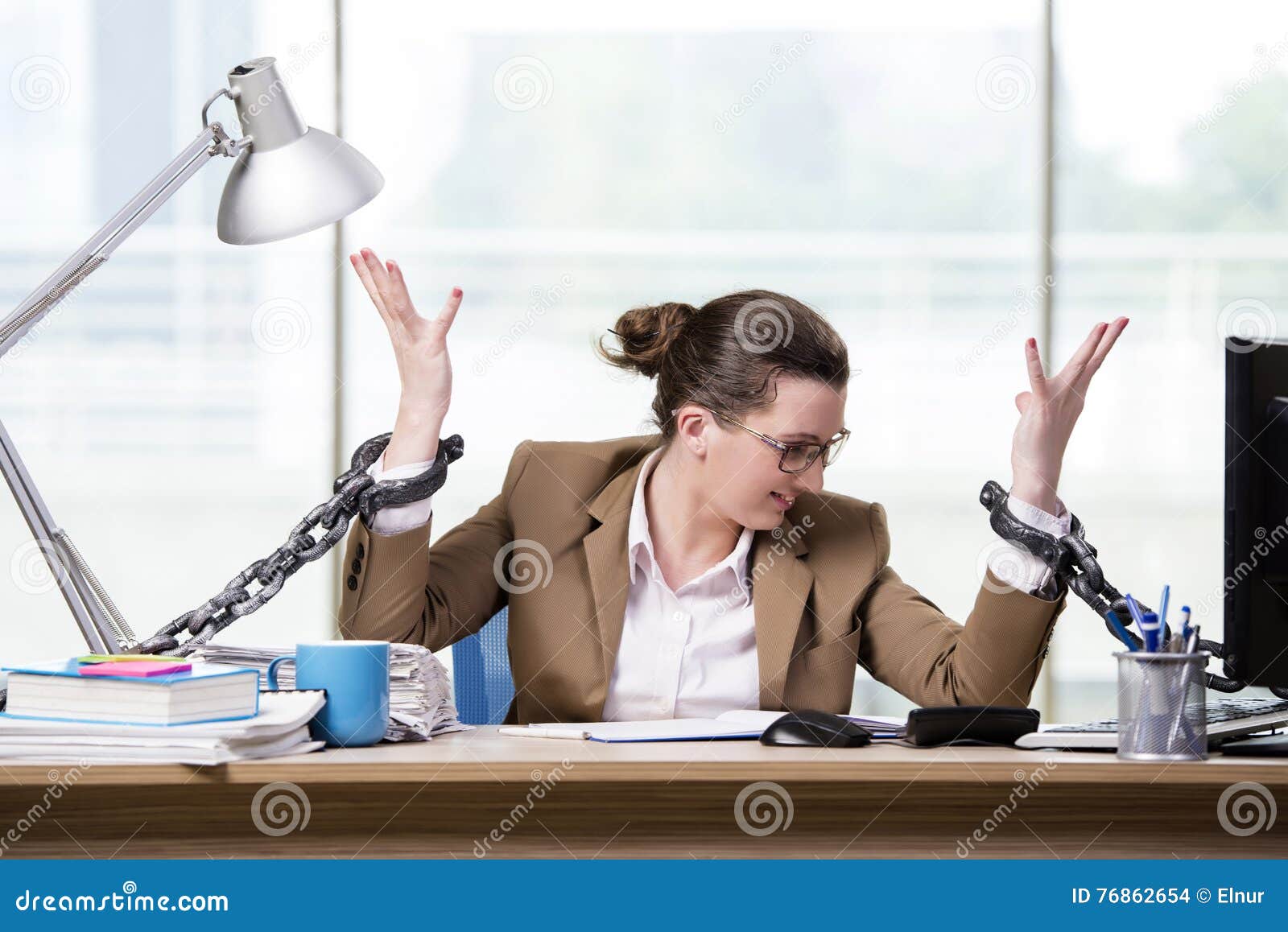 The Woman Chained To Her Working Desk Stock Photo - Image of frustrated ...