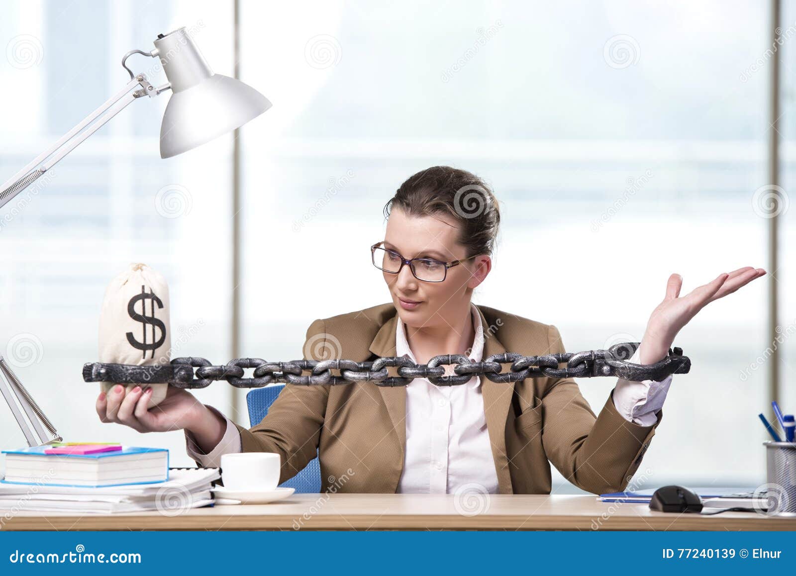 The Woman Chained To Her Working Desk Stock Image - Image of mood ...