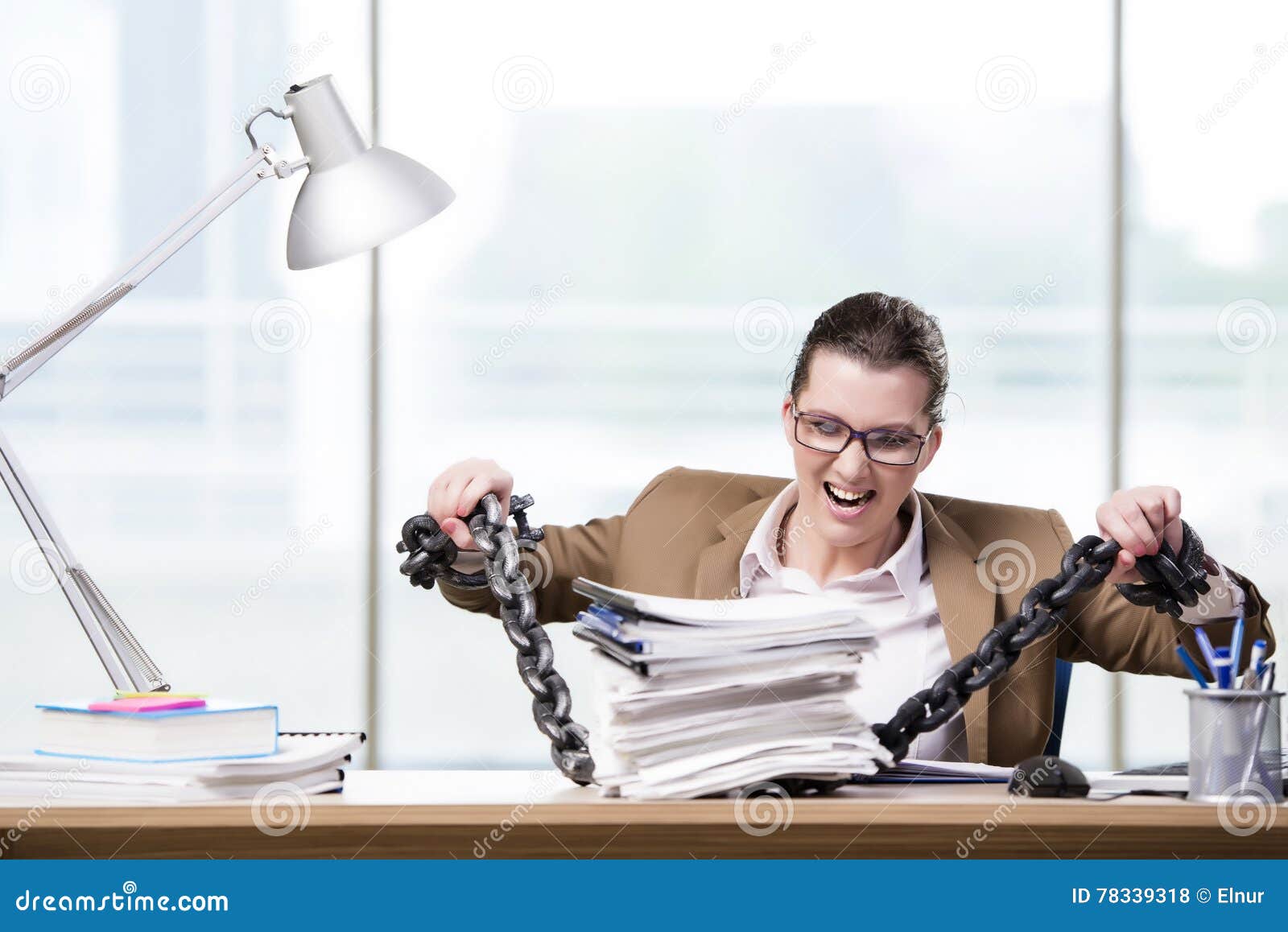 The Woman Chained To Her Working Desk Stock Photo - Image of overtime ...