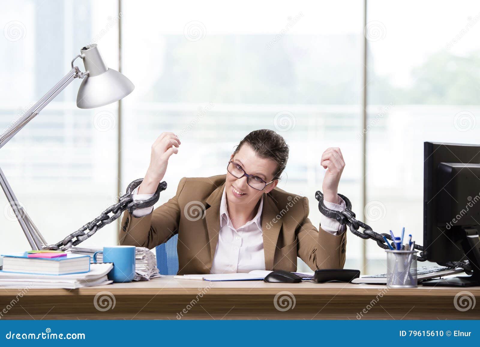 The Woman Chained To Her Working Desk Stock Photo - Image of chain ...
