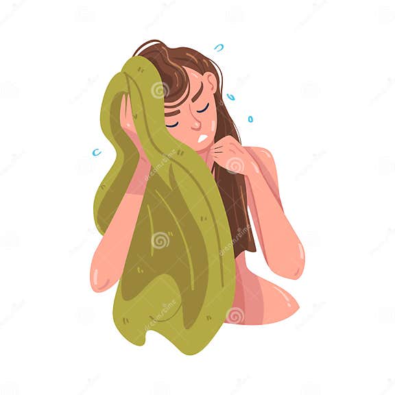Woman Character In Bathroom Doing Hygiene Procedure Drying Wet Hair