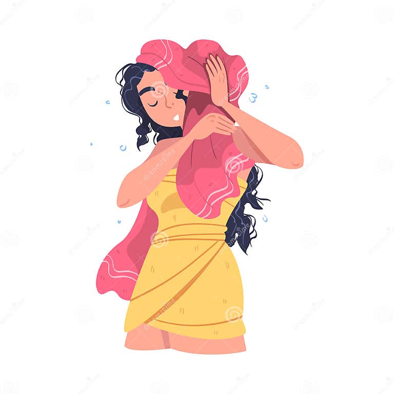 Woman Character In Bathroom Doing Hygiene Procedure Drying Wet Hair