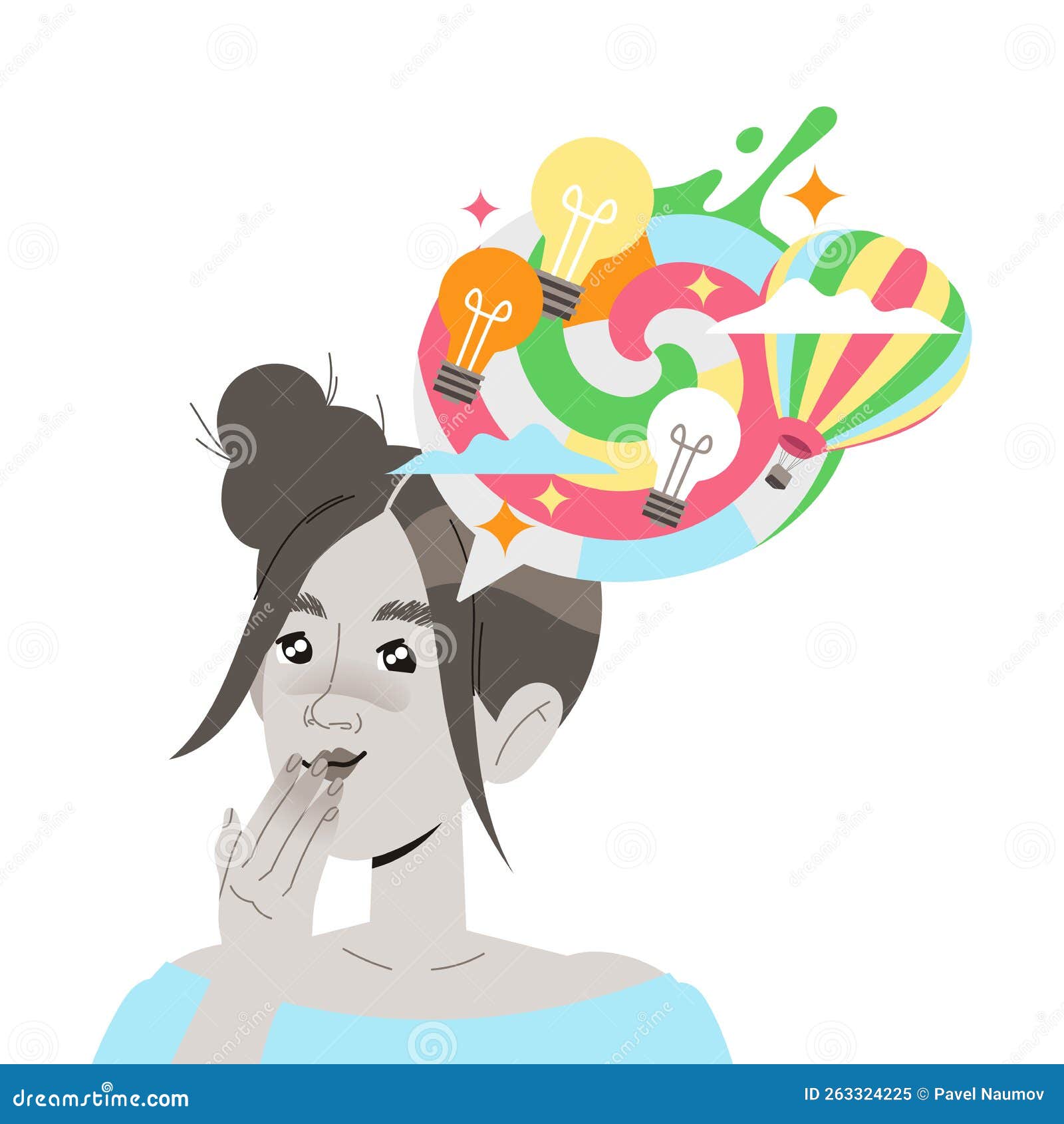 Woman Character with Creative Type of Thinking with Lightbulb and Air ...