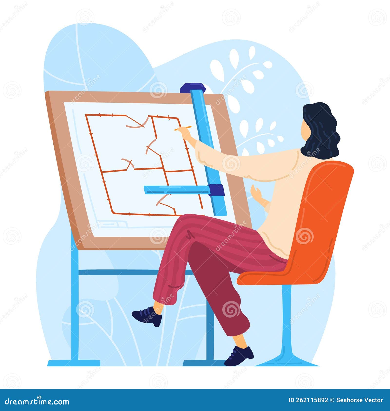 Woman Character Engineer Work Engineering Drawing Female Sitting ...