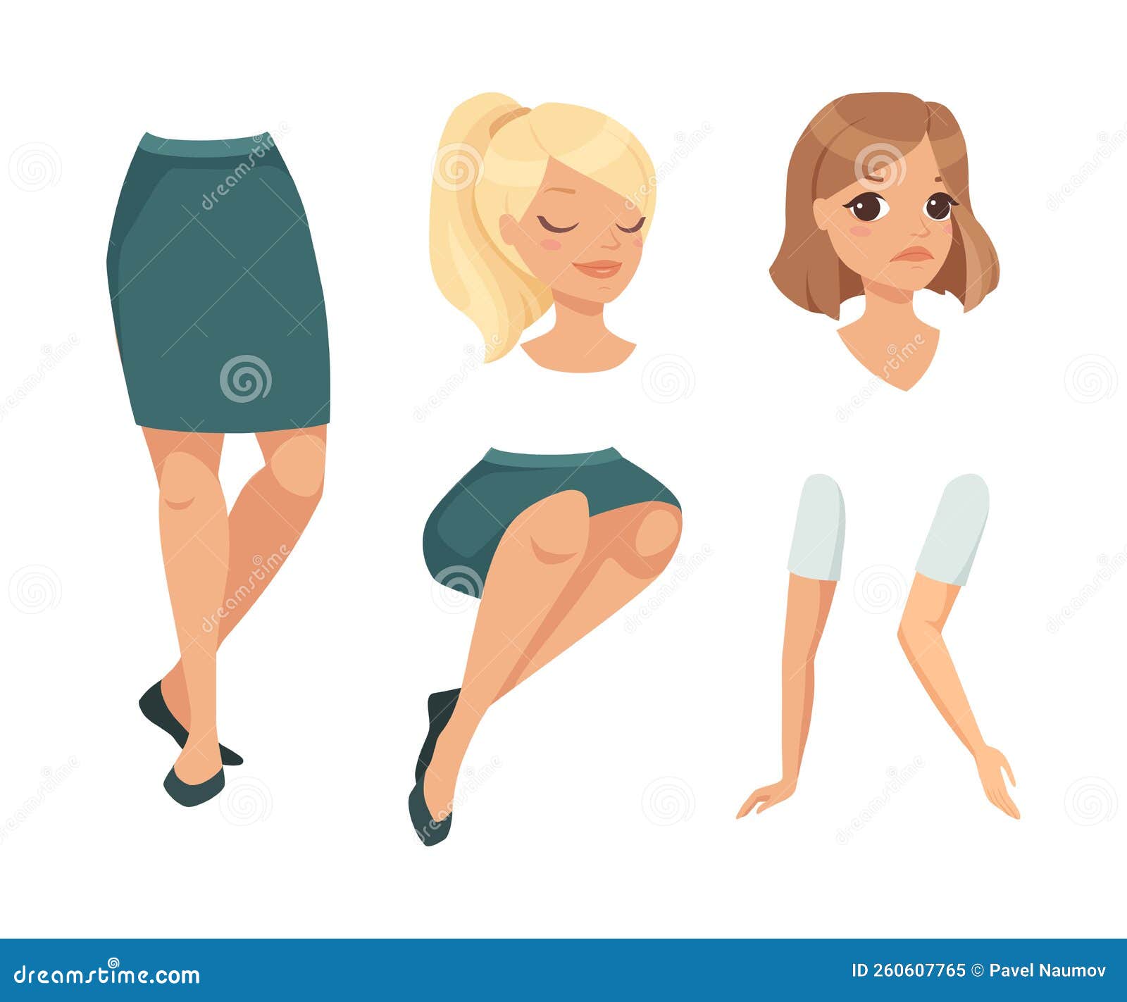 Woman Character Legs In Skirt Head And Arms As Constructor With Separated Body Part Vector Set