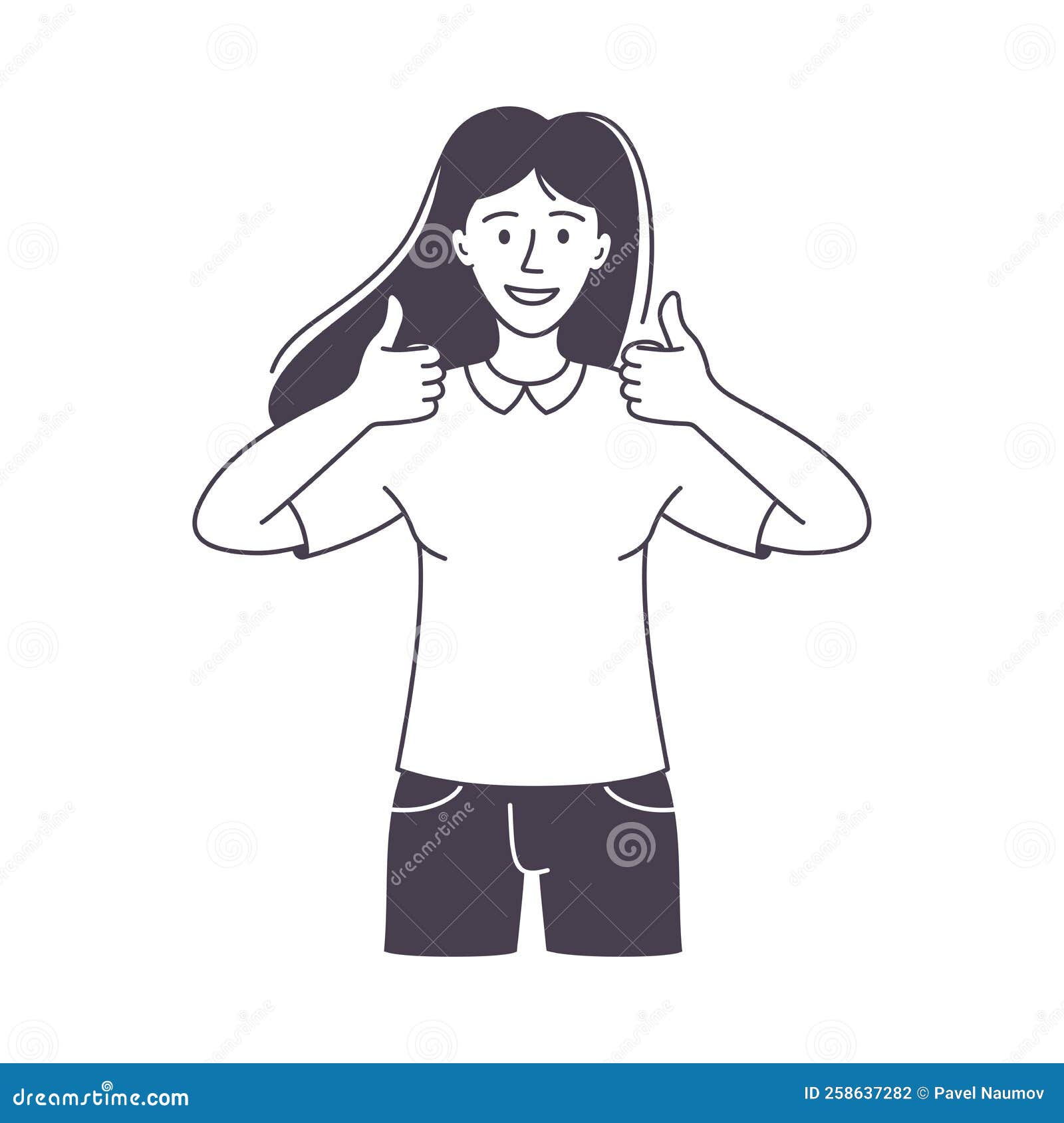 Woman Character Showing Thumb Up As Positive Hand Gesture Outline