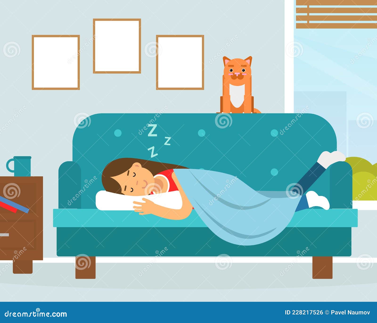 Woman Character Sleeping Or Taking Nap Lying On Sofa Covered With Blanket Vector Illustration