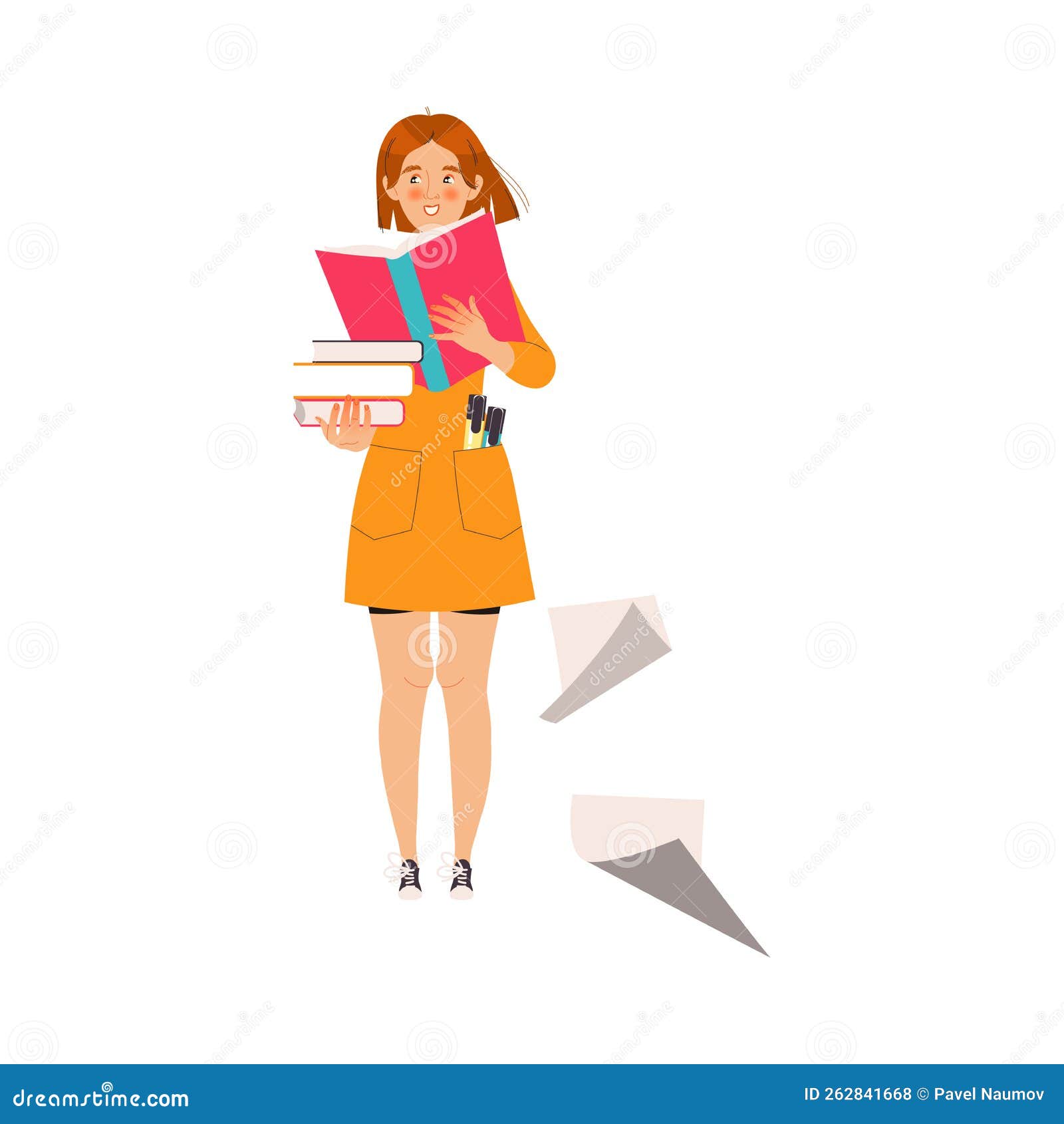 Woman Character Standing with Open Book Working with Text Vector ...