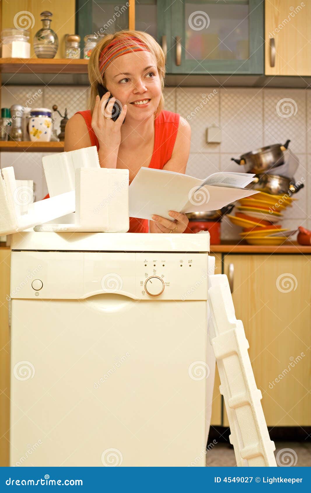 Woman Chatting in the Kitchen Stock Image - Image of dishwashing, happy ...