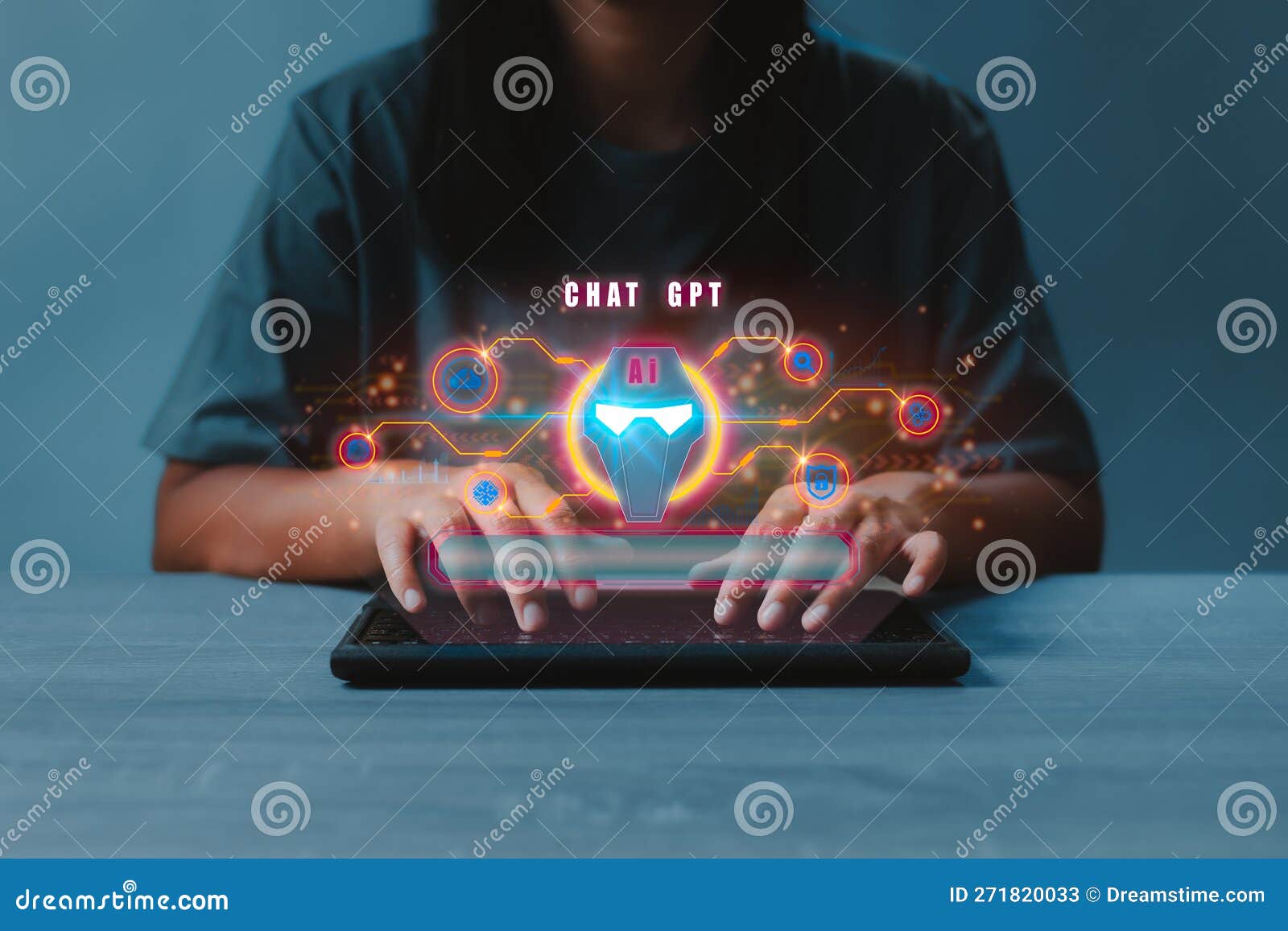 Woman Chatting and Typing on Computer Keyboard with Virtual Artificial ...