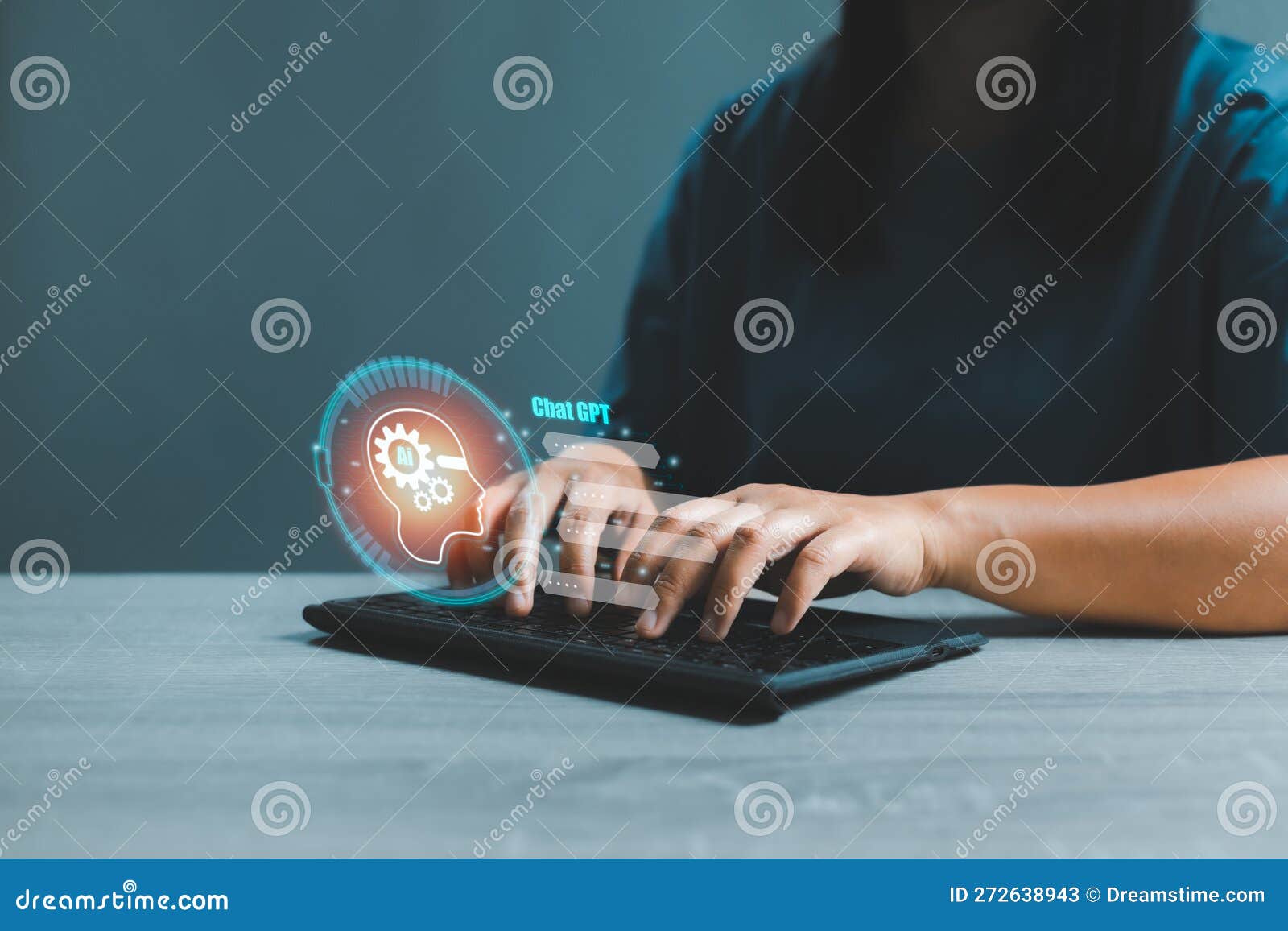 Woman Chatting and Typing on Computer Keyboard with Virtual Artificial ...