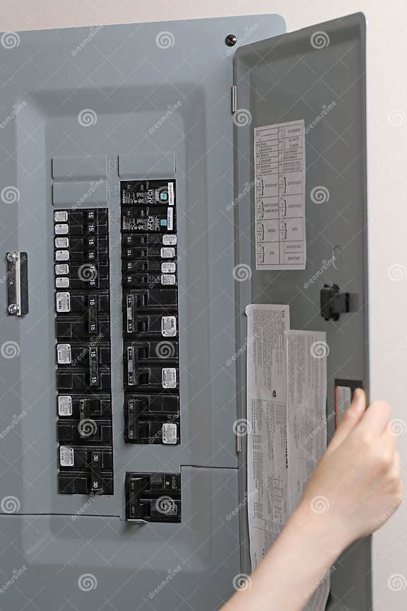 Woman Checking Automatic Fuses at Electrical Control Panel Editorial ...