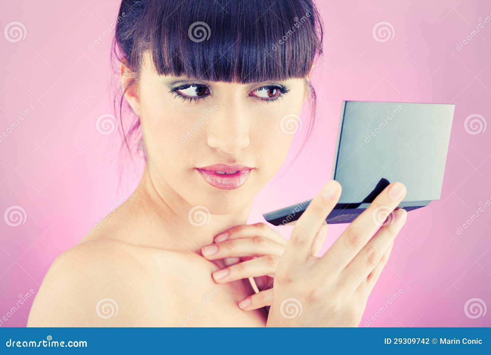 Woman Checking Face Skin in Mirror Stock Photo - Image of elegance ...