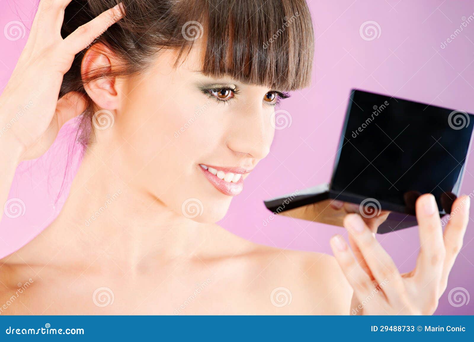 Woman Checking Face Skin in Mirror Stock Image - Image of care, mirror ...