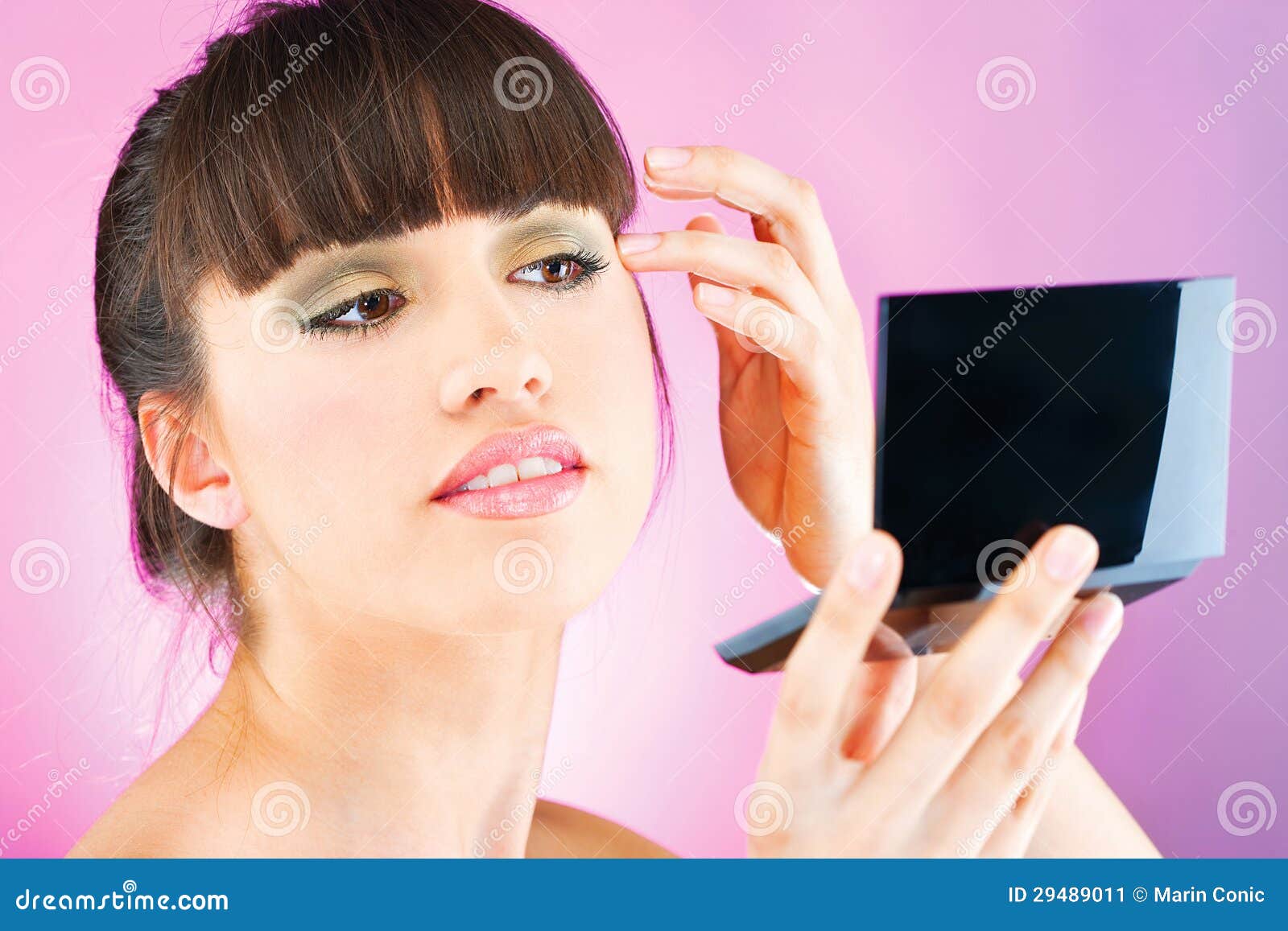 Woman Checking Face Skin in Mirror Stock Image - Image of woman, pretty ...