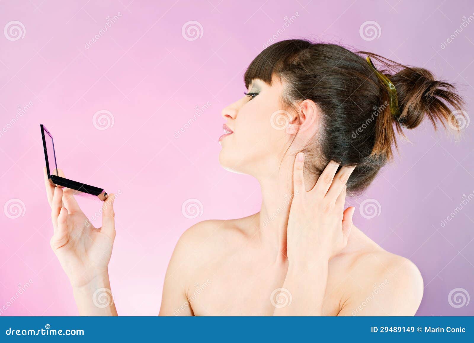 Woman Checking Face Skin in Mirror Stock Image - Image of female ...