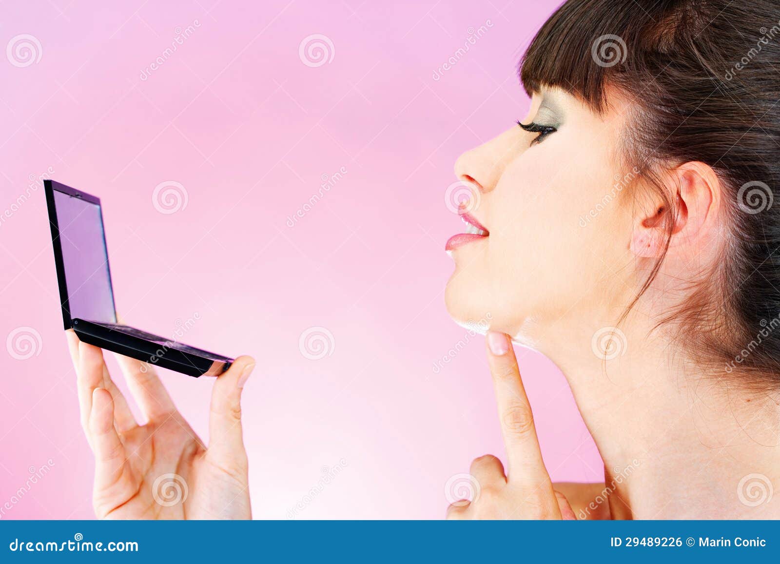 Woman Checking Face Skin in Mirror Stock Photo - Image of mirror, skin ...