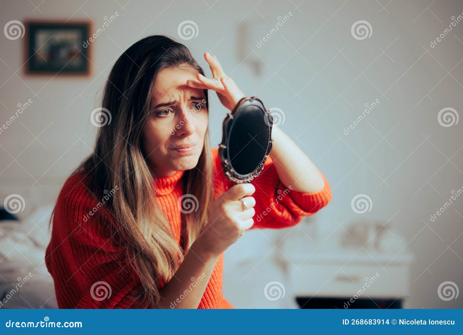 Woman Checking Forehead Expression Wrinkles Feeling Concerned Stock ...