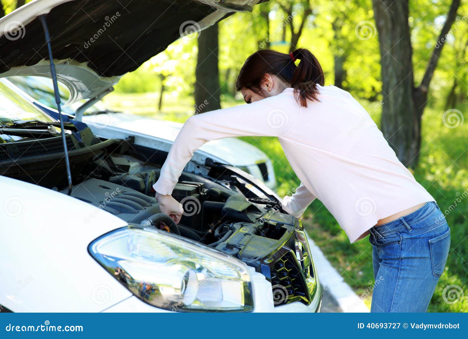 Woman Checking Her Car Engine Stock Image - Image of cranked, outdoors ...