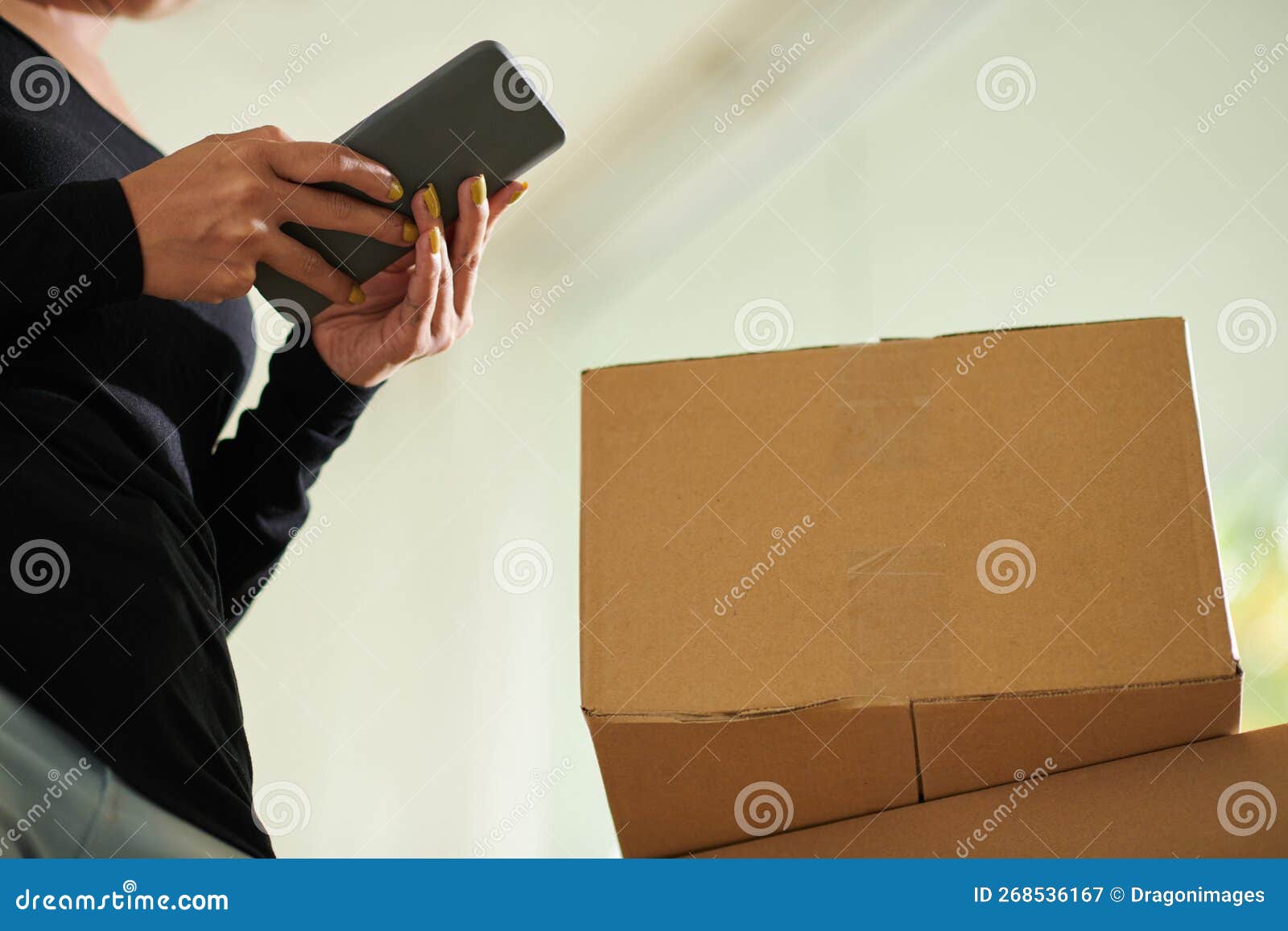 Woman Checking Shipping App Stock Image - Image of woman, working ...