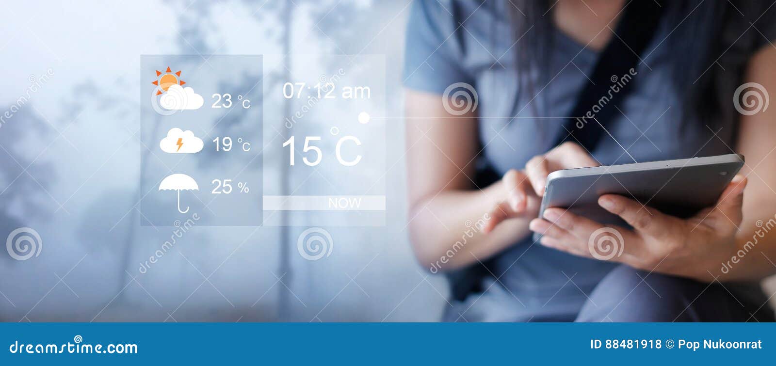 Woman Checking Up Weather Forecast from Tablet Application Stock Photo ...