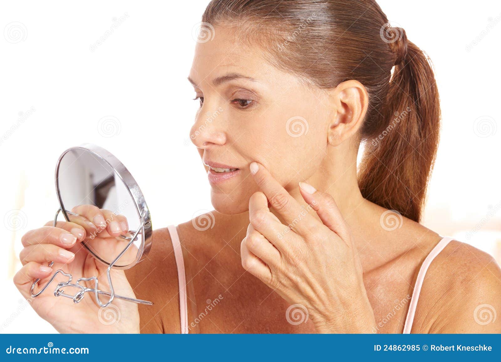Woman Checking Wrinkles in Mirror Stock Image - Image of caucasian ...