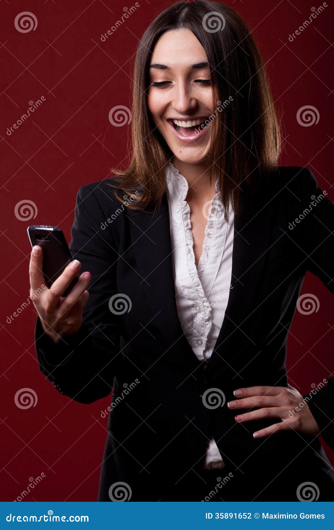 Woman with Cheerful Expression To Your Mobile Stock Photo - Image of ...
