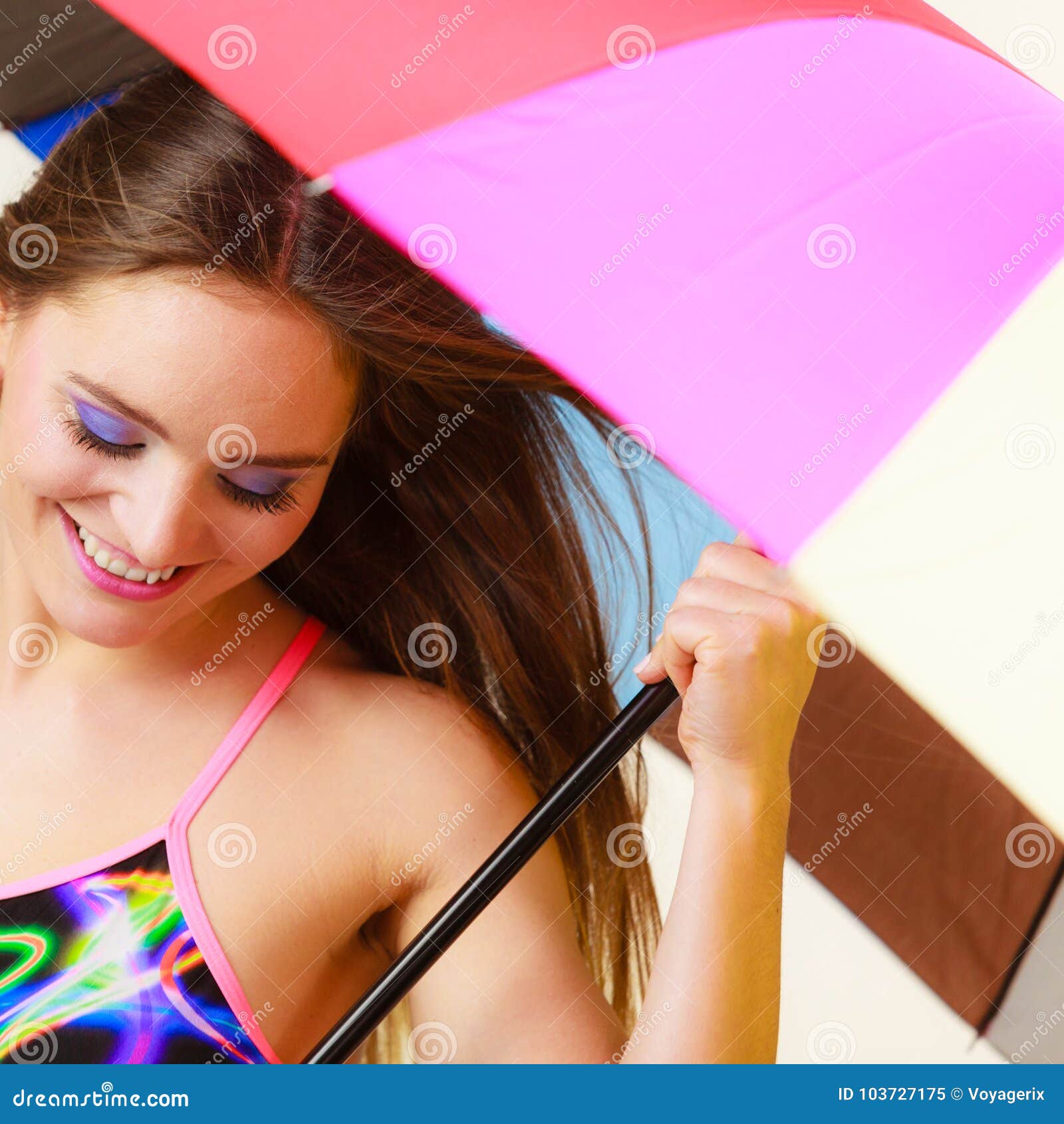 Woman Standing Under Colorful Rainbow Umbrella Stock Image Image Of