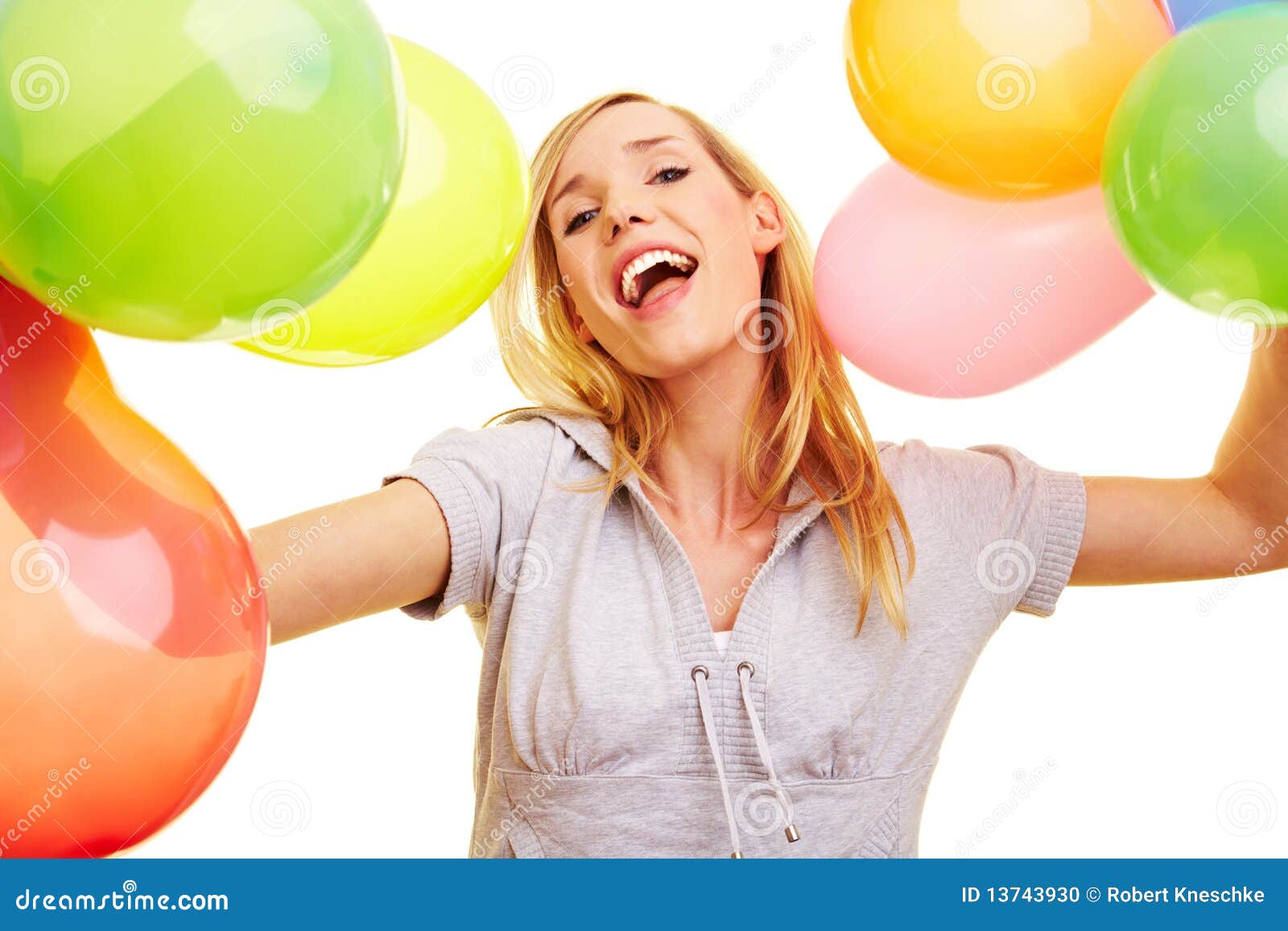Woman Cheering with Balloons Stock Photo - Image of play, cheering ...