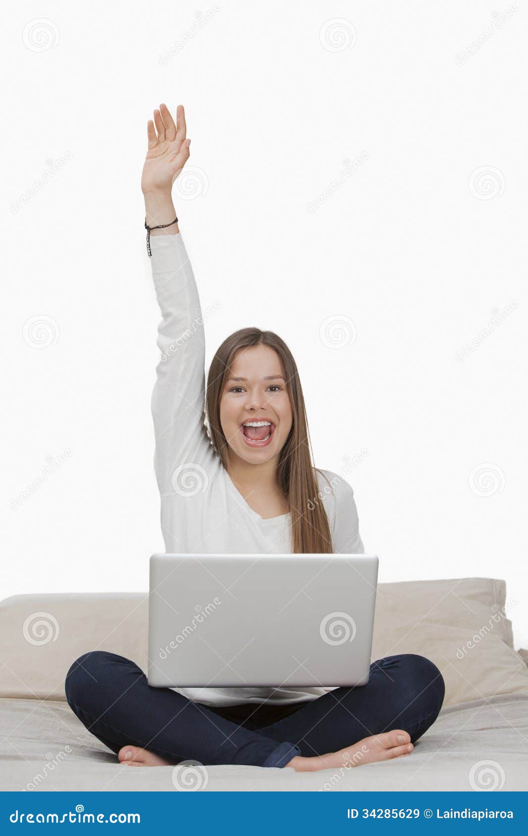 Woman Cheering while Working on a Laptop Stock Image - Image of brown ...