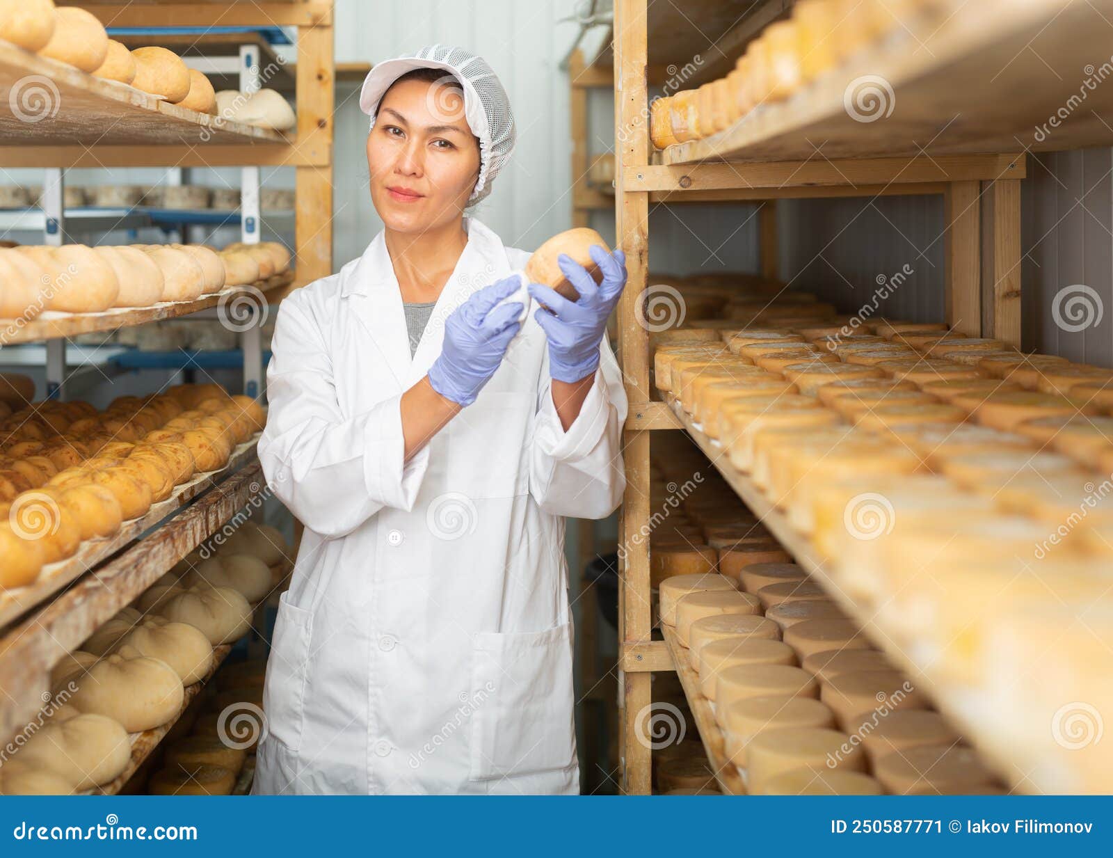 Woman Cheesemaker Checking Aging Process of Cheese in Maturing Chamber ...