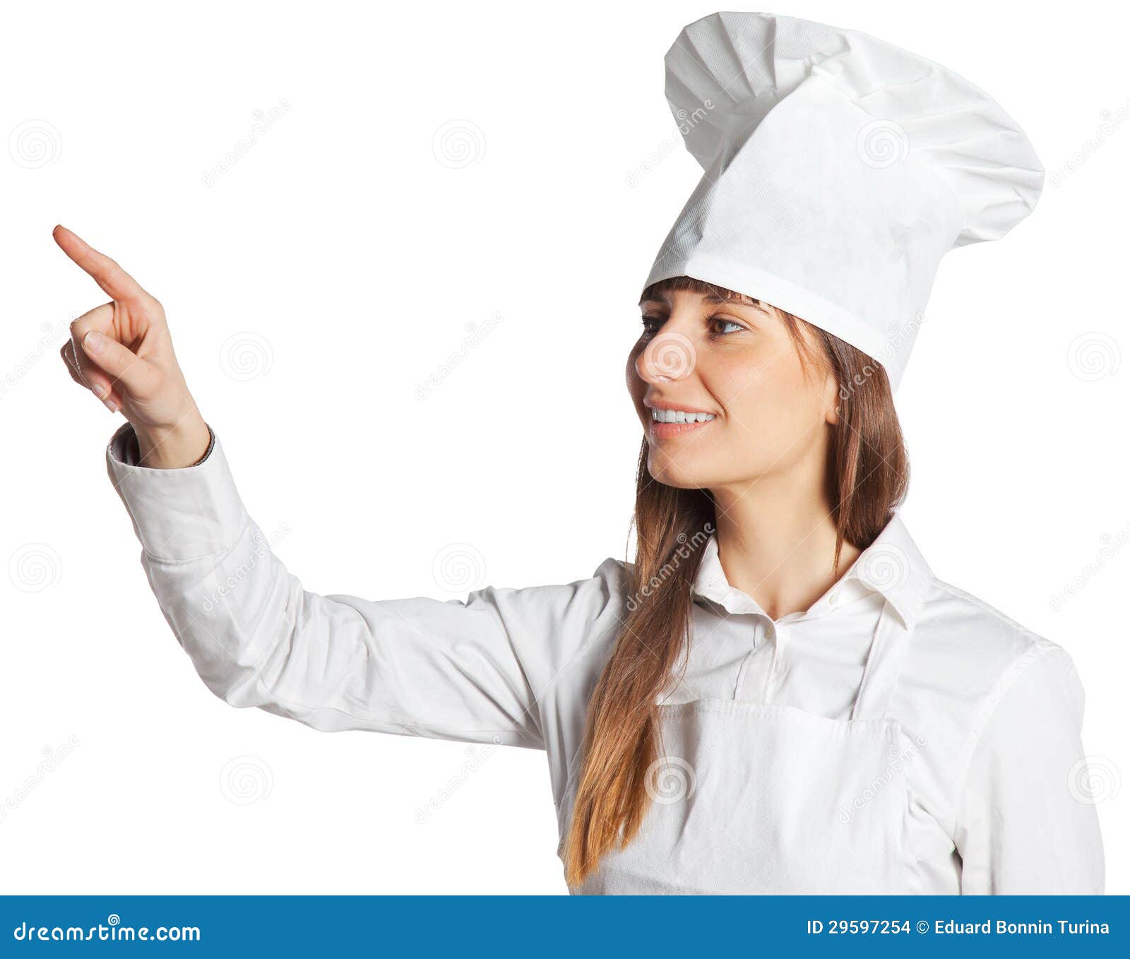 Woman Chef Pointing Empty Blank Copy Space Isolated on White Background ...