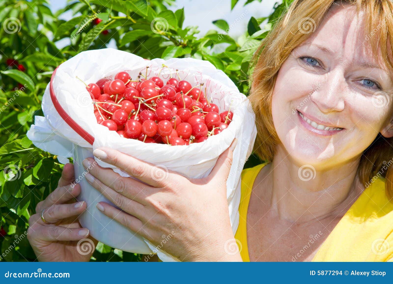 Woman with cherries stock photo. Image of bucket, green - 5877294
