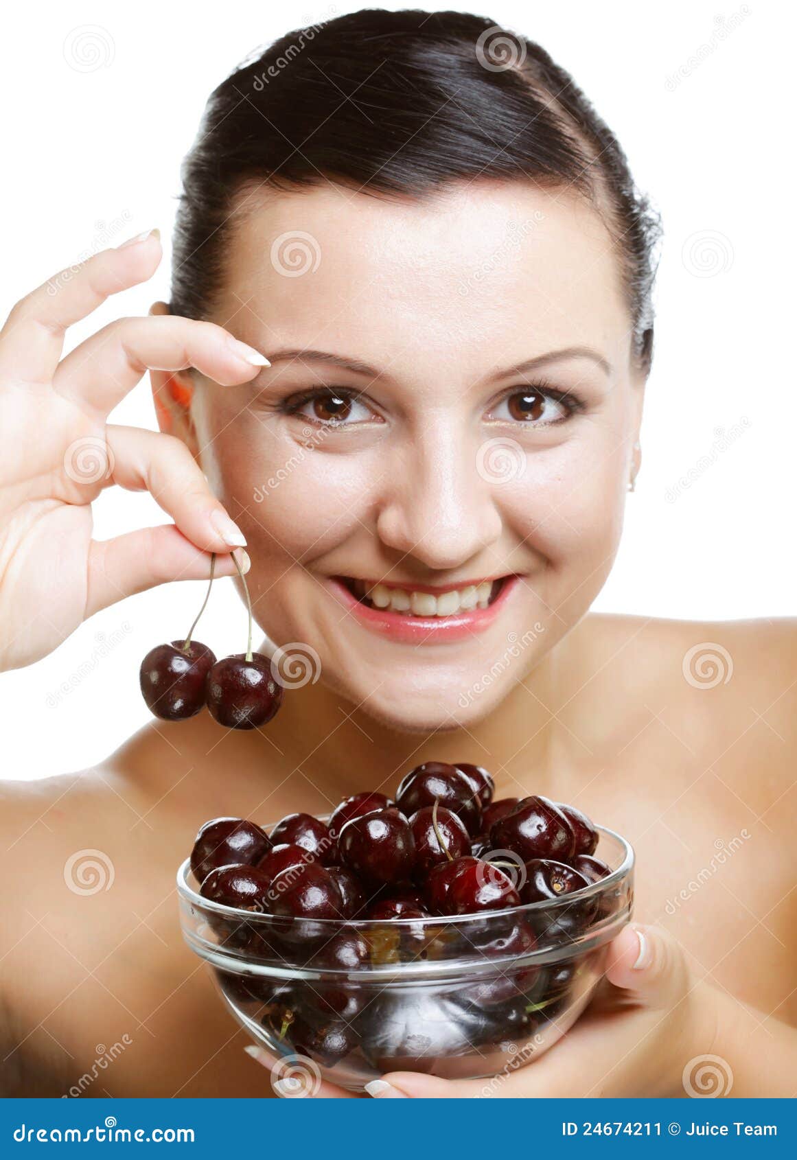 Woman with Cherries Over White Stock Image - Image of beauty, cheerful ...